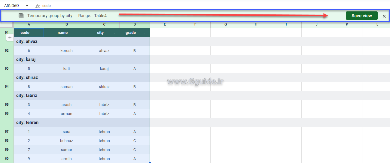 Gguide - کاربرد گزینه Create group by view از منوی Data در گوگل شیت ...